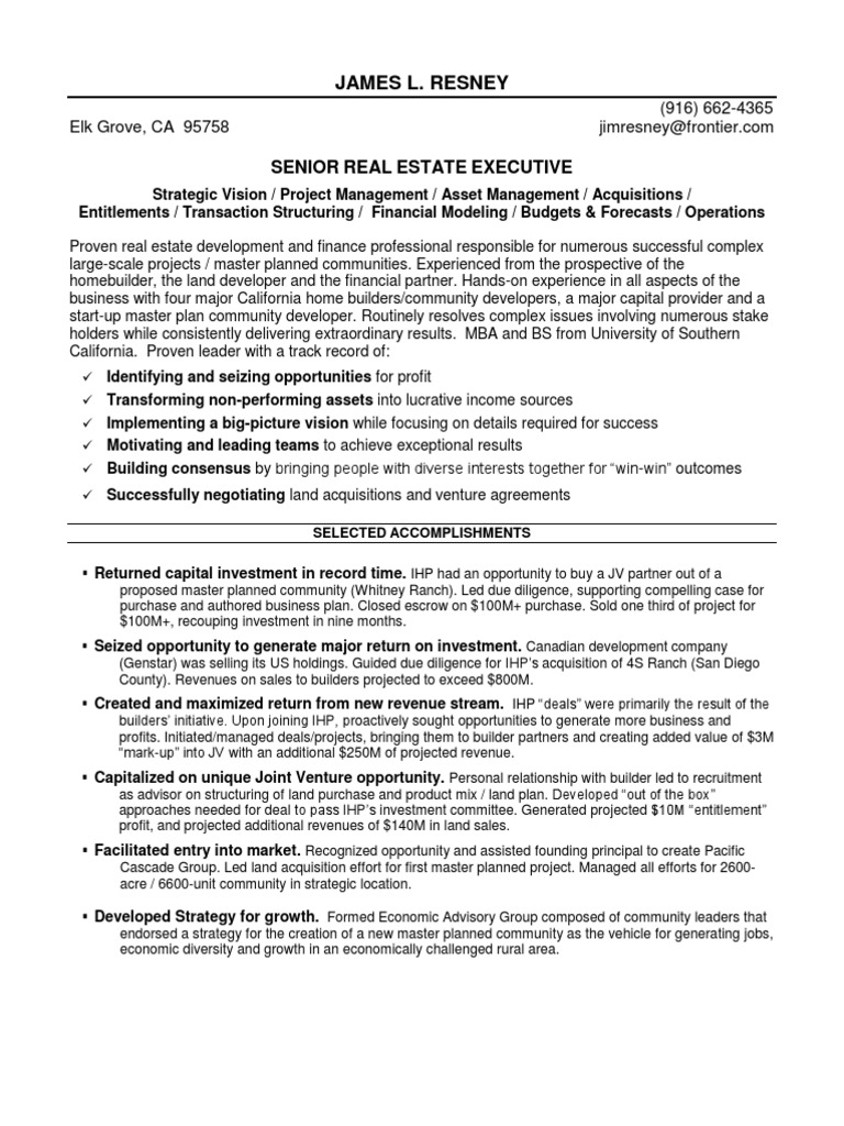 Vice President Real Estate Development in CA Resume James Resney | PDF ...