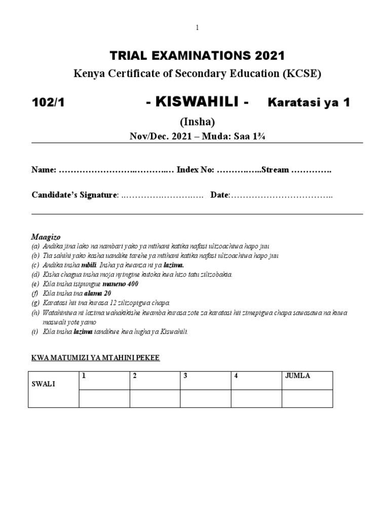 102 Kiswahili p1 Qs | PDF