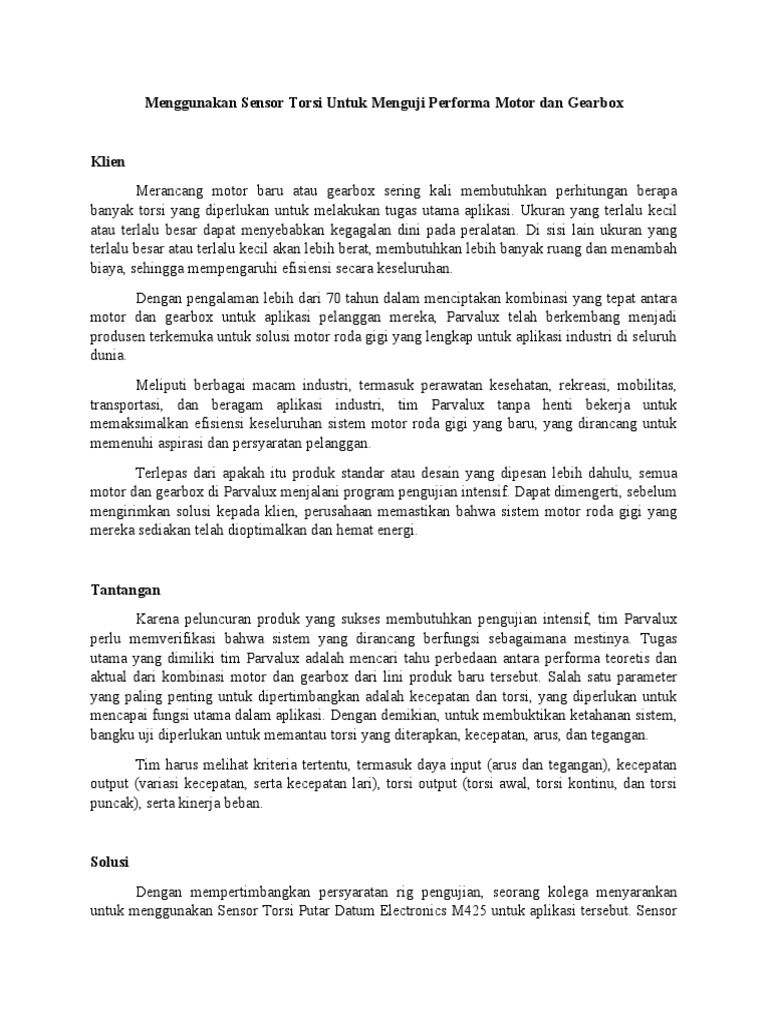Menggunakan Sensor Torsi Untuk Menguji Performa Motor Dan Gearbox | PDF ...