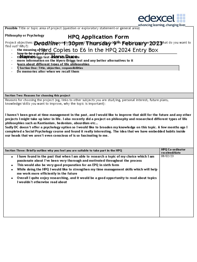 HPQ Application Form 2023 | PDF | Psychology | Mental Processes