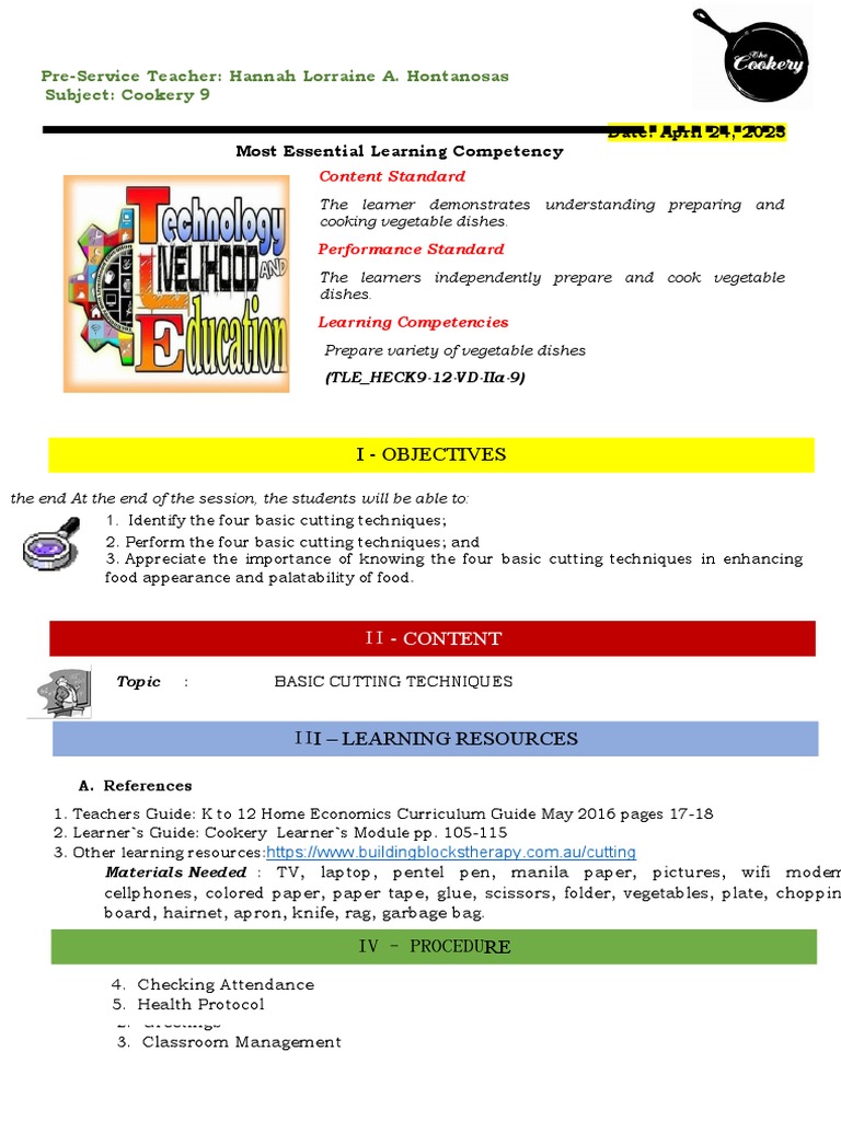 DETAILED LESSON PLAN IN CUTTING TECHNIQUES For Grand Demo | PDF | Teachers | Learning