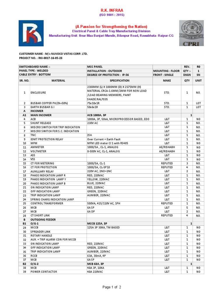 Bom-R K e MCC Panel | Download Free PDF | Electricity | Equipment