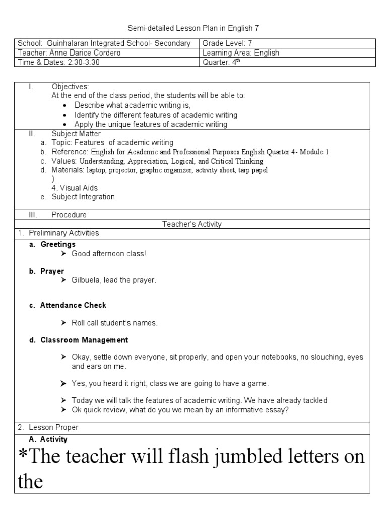 English 7 Lesson Plan | Download Free PDF | Lesson Plan | Teachers