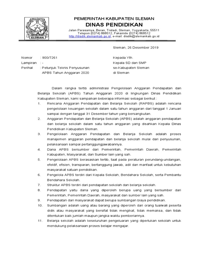 Petunjuk Penyusunan APBS 2020 | PDF