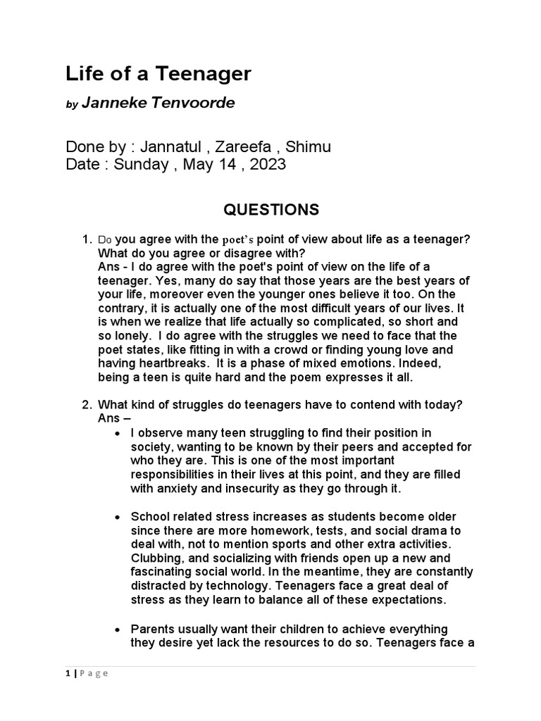 Life of A Teenager Answers | PDF | Adolescence | Social Psychology