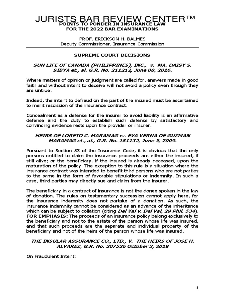 Pre Week Notes Points to Ponder in Insurance Law by Deputy Commissioner ...