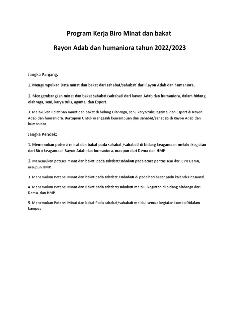 Program Kerja Biro Minat Dan Bakat | PDF