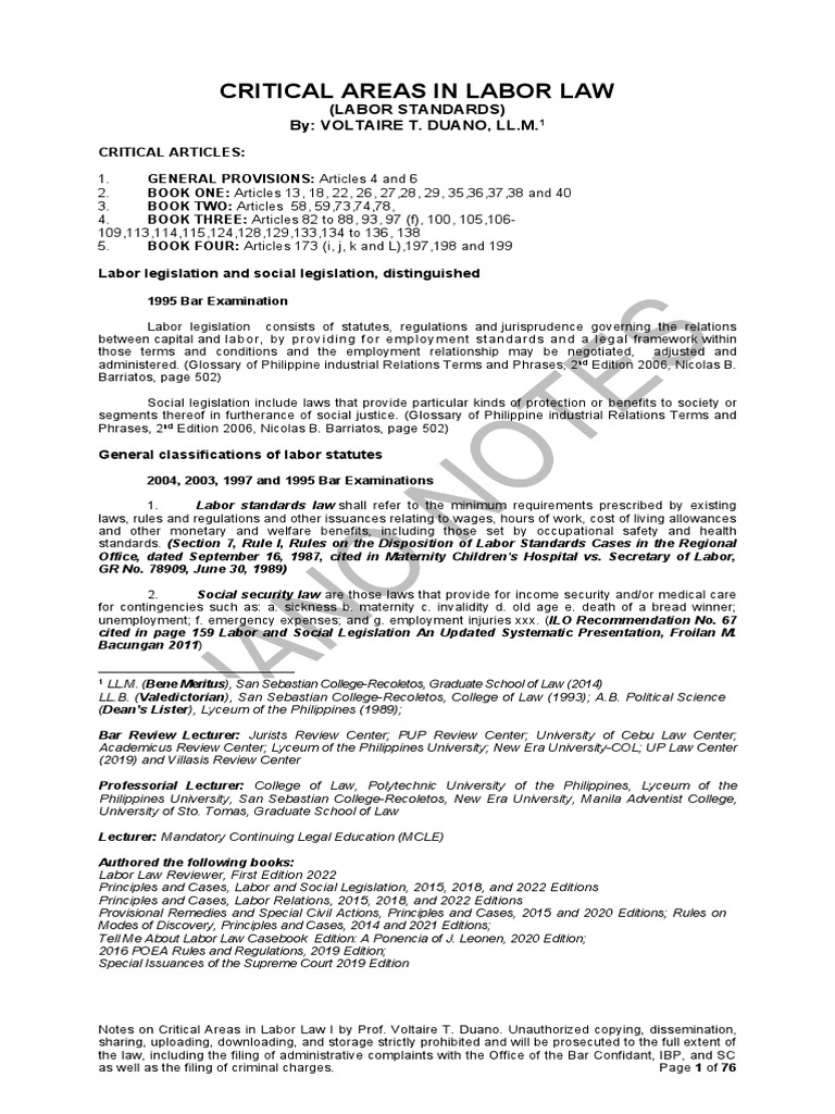 Critical Areas in Labor Law Review | PDF | Cost Of Living | Employment