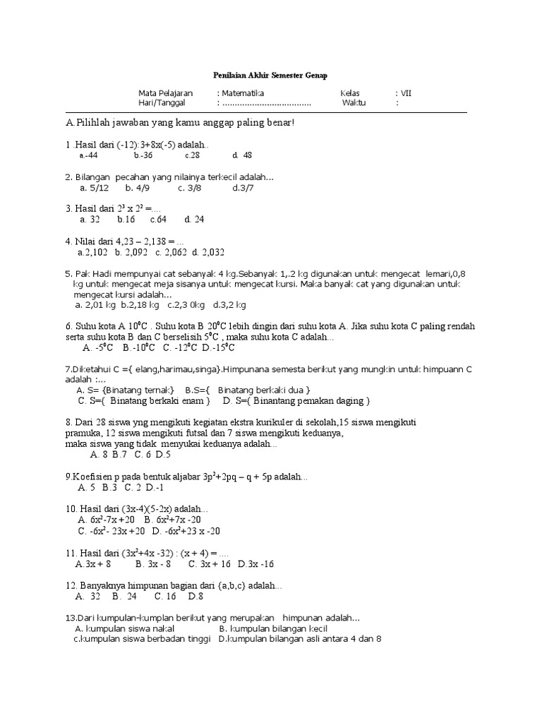 Fix Soal PAT MTK Kelas 7 SMTR 2 | PDF