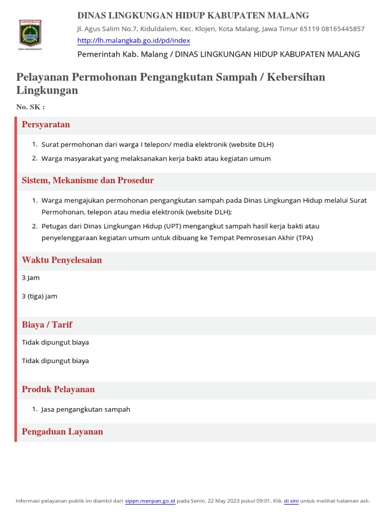 Unduh Standar Pelayanan - Pelayanan Permohonan Pengangkutan Sampah Kebersihan Lingkungan | PDF