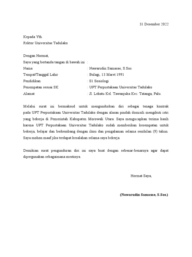 Surat Pengunduran Diri - Nawan | PDF | Agama & Spiritualitas