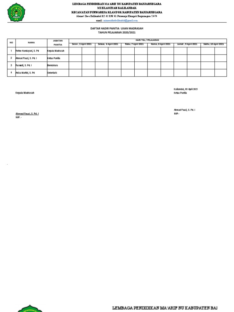 Daftar Hadir Ujian MII Kalilandak 2021 | PDF