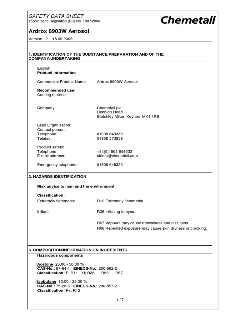 Ardrox 8903w Aerosol Msds | PDF | Water | Personal Protective Equipment