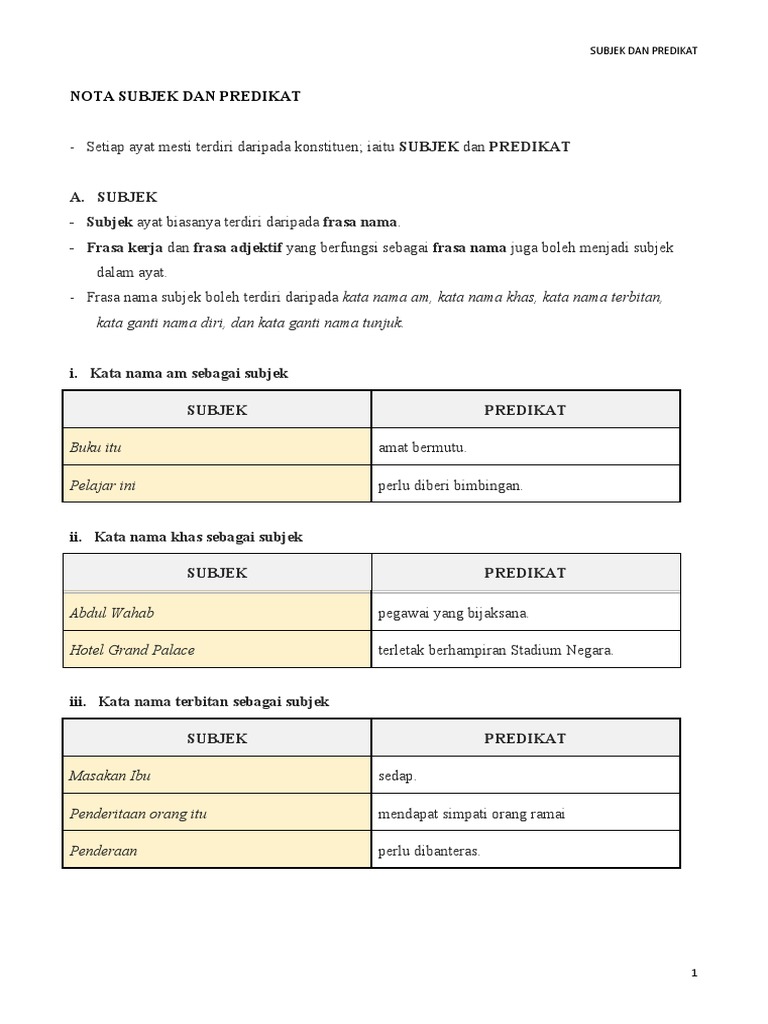 MT2 Nota Subjek Dan Predikat | PDF