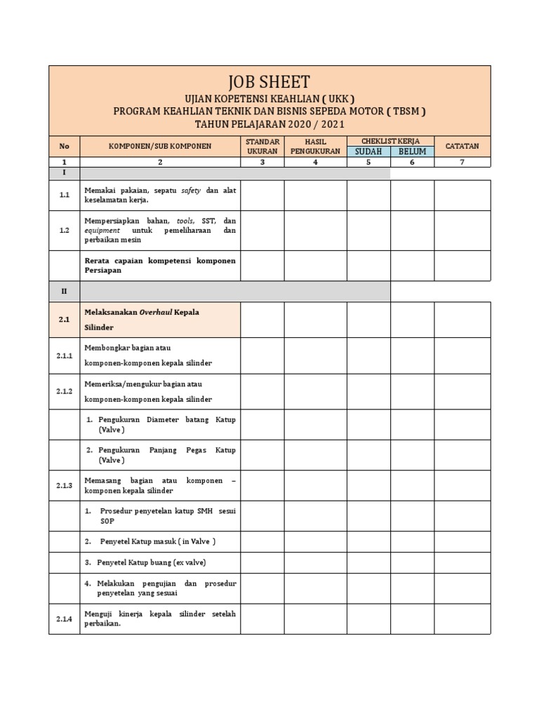 JOB SHEET TBSM 2021 OK | PDF