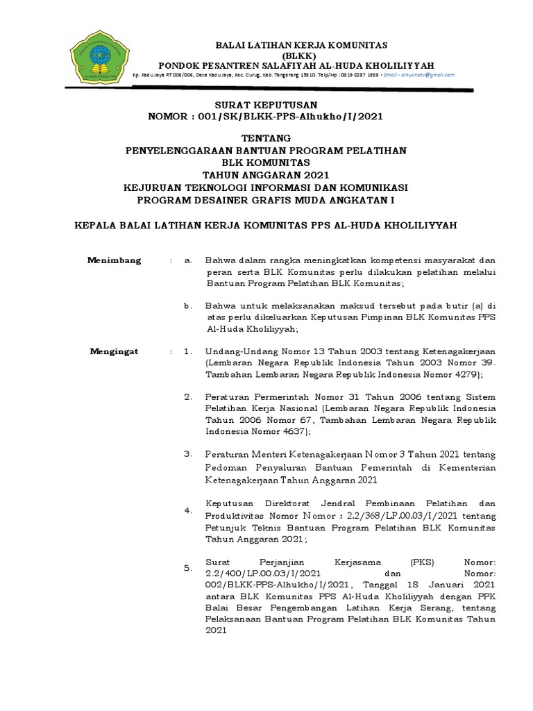 Contoh SK BLK Komunitas Al-Huda Kholiliyyah | PDF