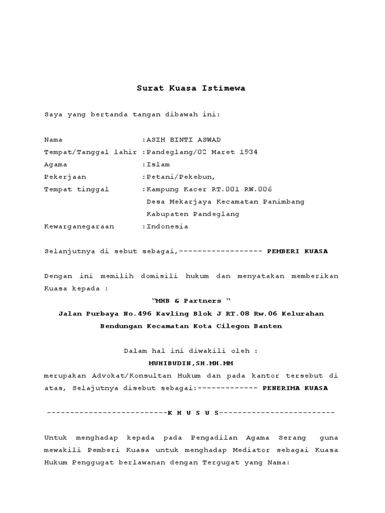 Surat Kuasa Istimewa Mediasi | PDF | Hukum