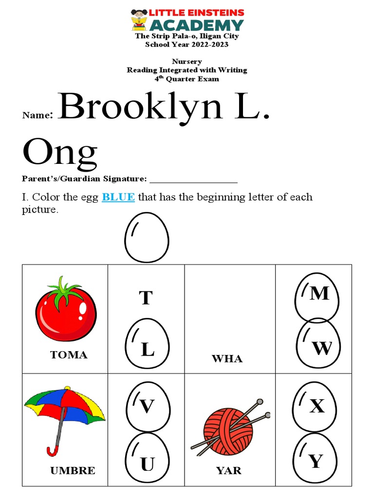 Nursery 4th Quarter Exam: Reading & Writing | PDF