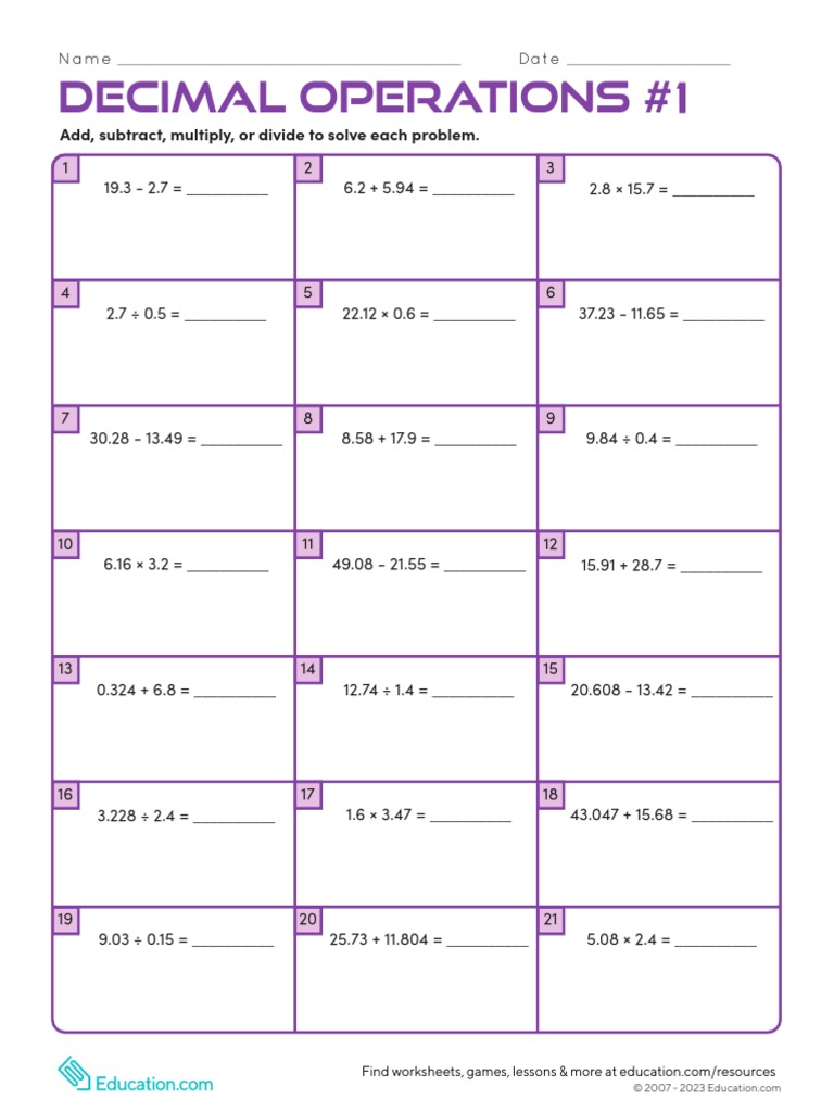 Decimal Operations Practice Worksheet | PDF | Business | Teaching ...
