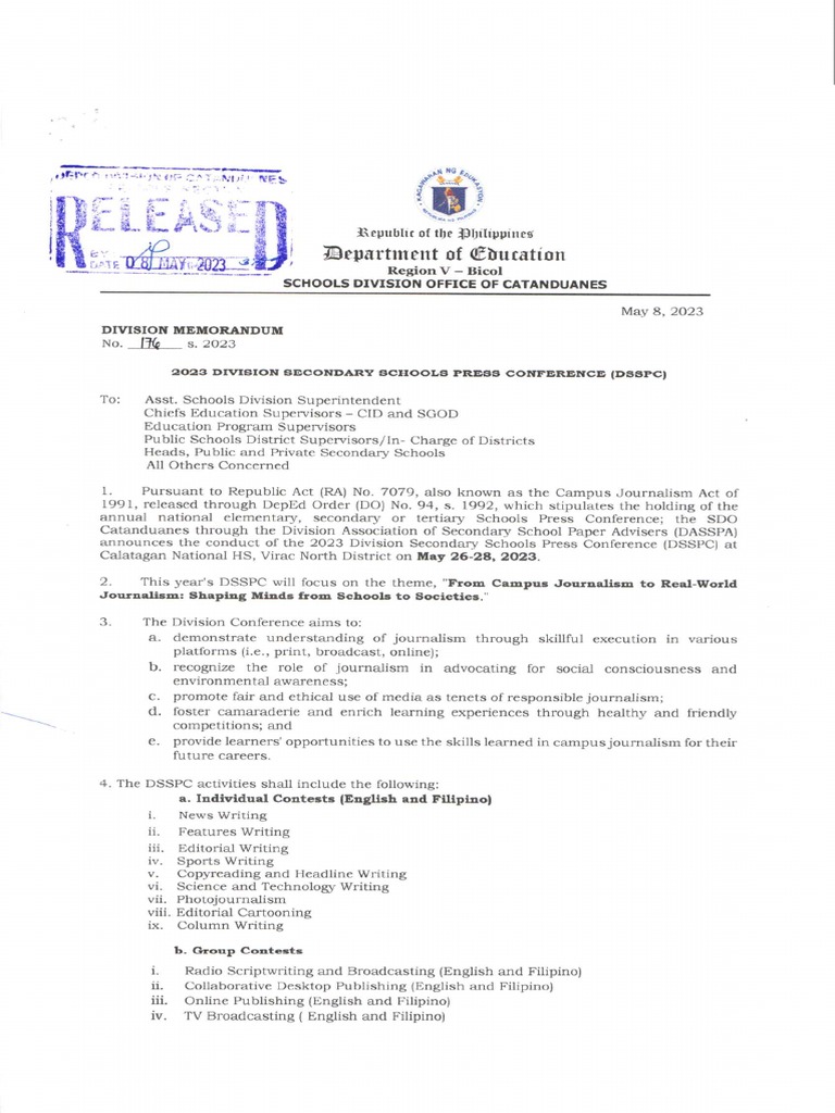 Rec DM 176 s.2023 2023 Division Secondary Schools Press Conference ...