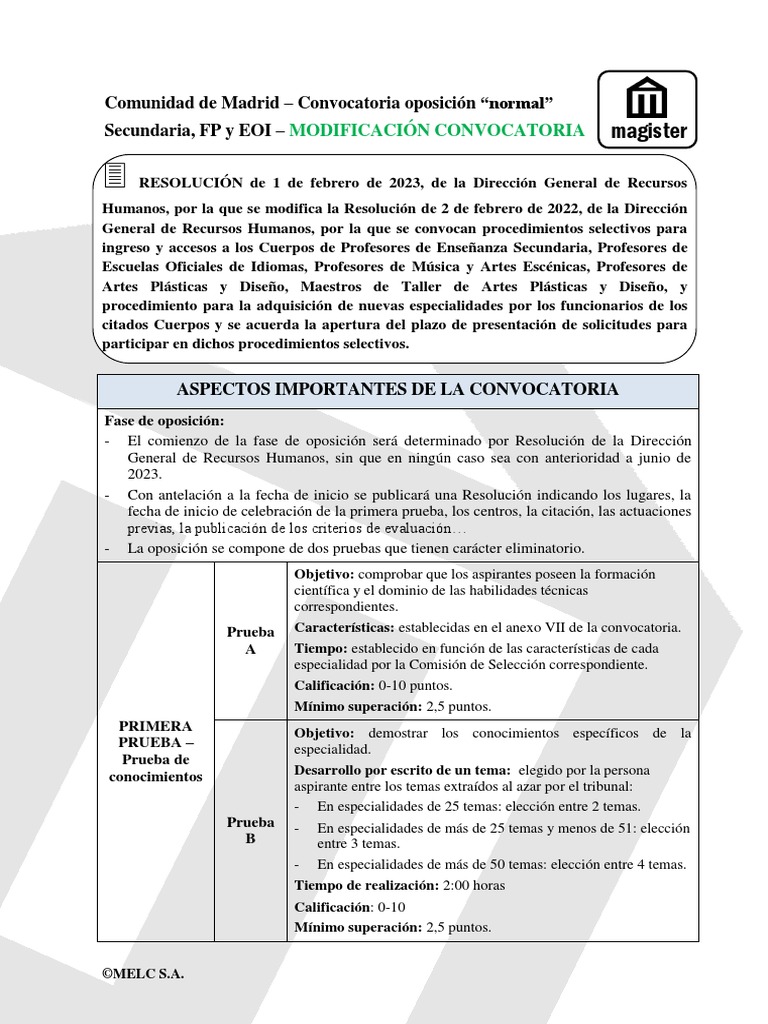 Madrid Convocatoria Oposición Normal 2023 Secundaria Fp Eoi