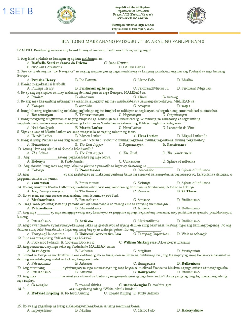 AP8 SetB 3rdQExam Key Answer | PDF