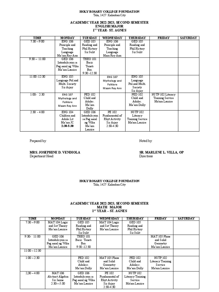 2nd Sem 2022 2023 Schedule | PDF | Mathematics