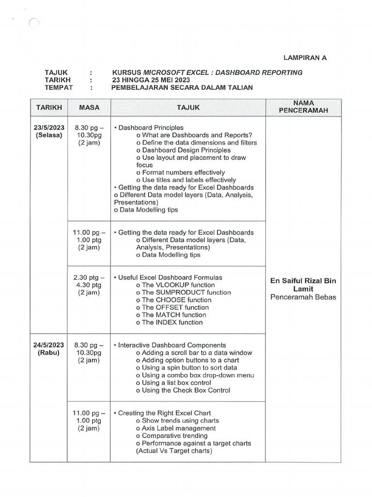 Jadual Kursus Excel Dashboard Reporting 25 Mei 2023 | PDF