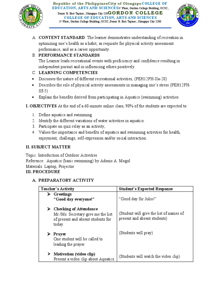 Lesson Plan Aquatics Part 1 | PDF | Swimming