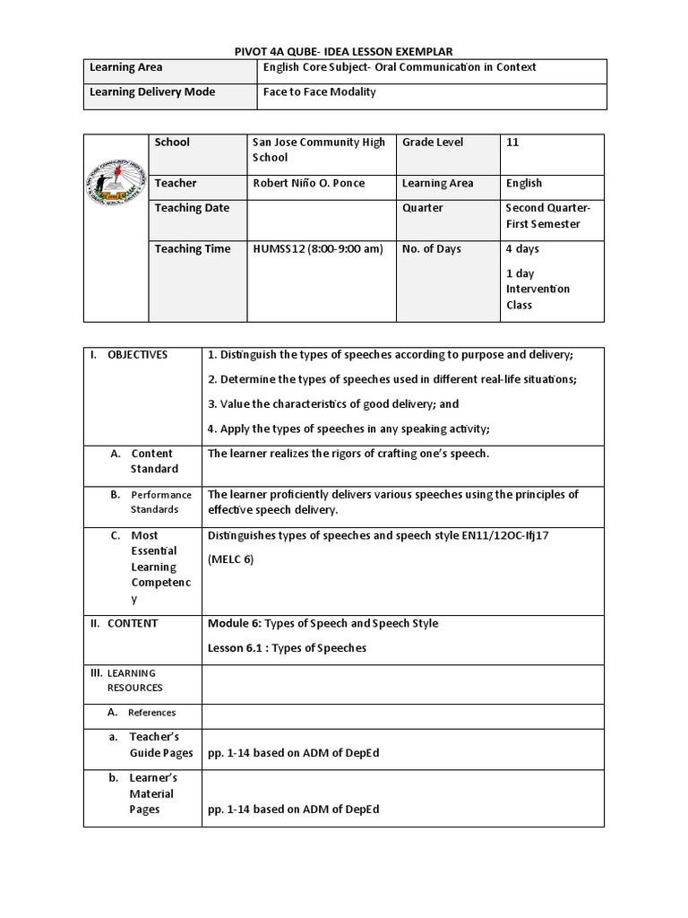 PONCE Lesson Exemplar SHS Oral Communication Types of Speeches | PDF ...