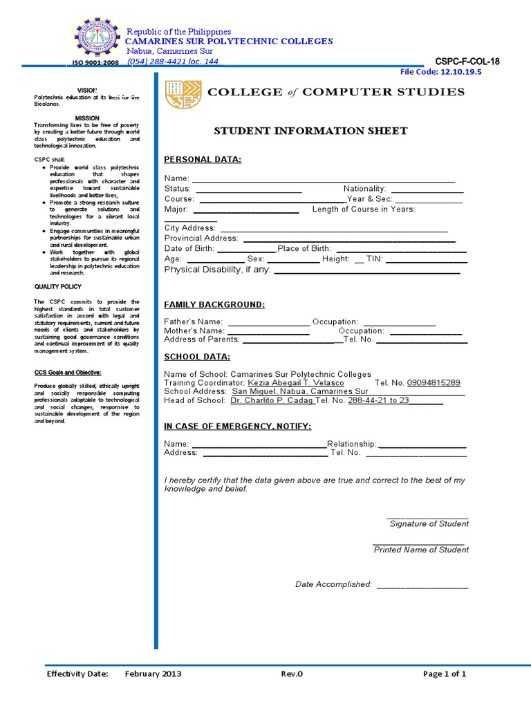 18.student Information Sheet | PDF