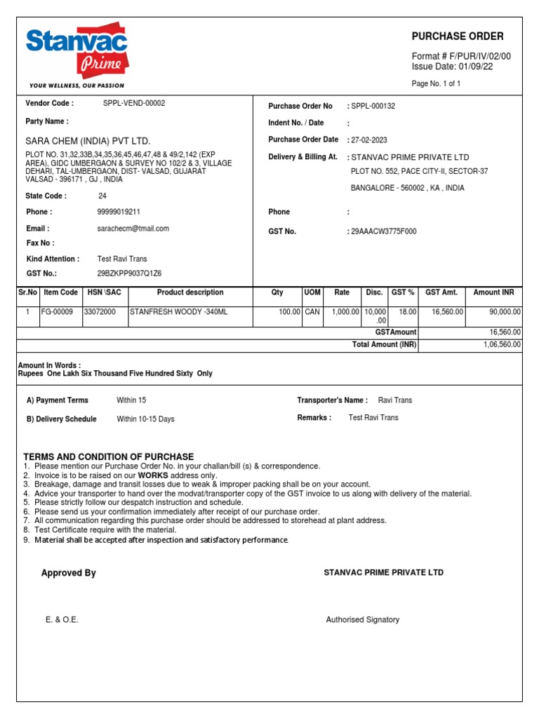 Purchase Order Confirmation for Sara Chem | PDF