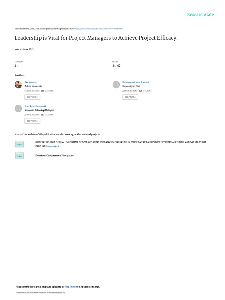 Leadership Is Vital For Project Managers To Achieve Project Efficacy ...