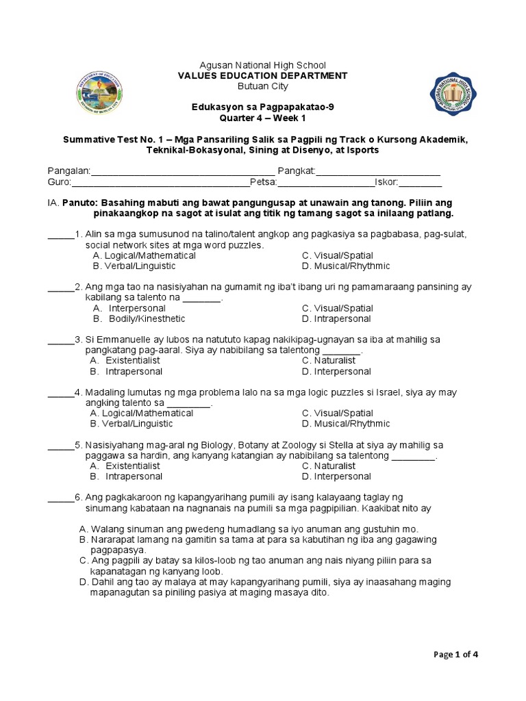 4th Quarter Summative Test 1 | PDF 4th Quarter Summative Test 1 | PDF