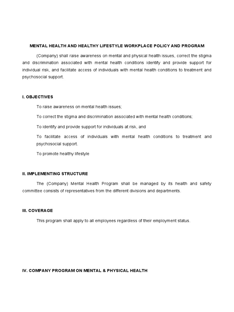 Mental Health and Healthy Lifestyle Workplace Policy and Program | PDF ...