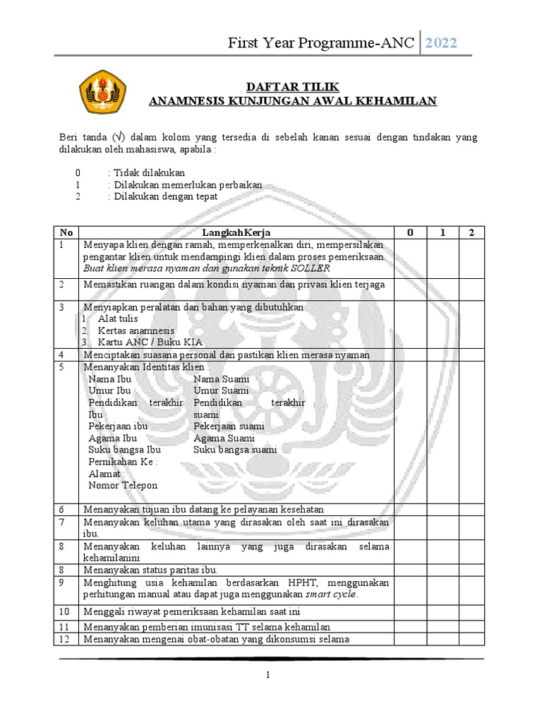 Daftar Tilik Anamnesis Kunjungan Awal Kehamilan | PDF