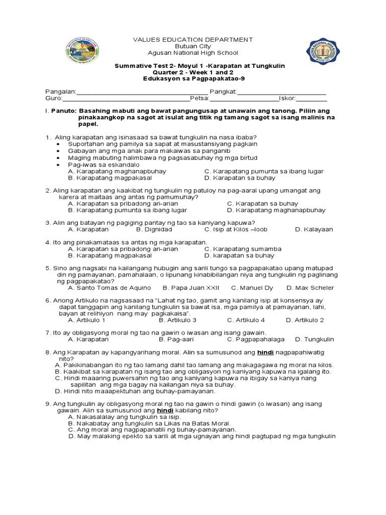 EsP-9-2nd-Quarter-Summative-No.-1 | PDF