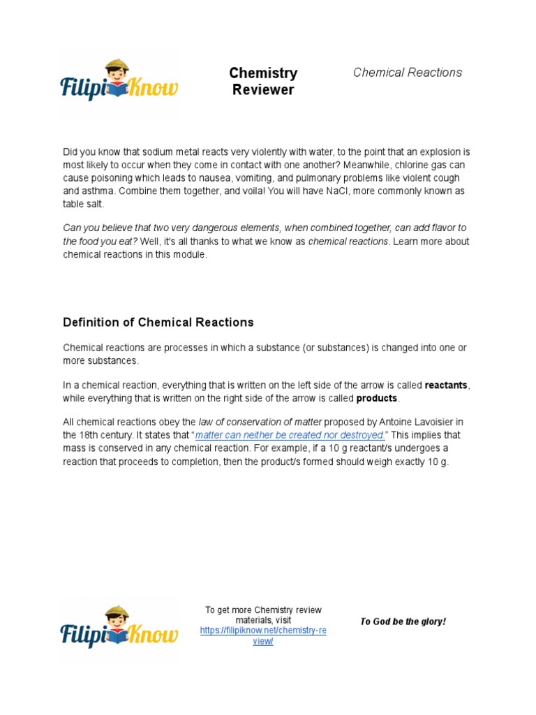Chemical Reactions Reviewer | PDF | Redox | Chemical Reactions