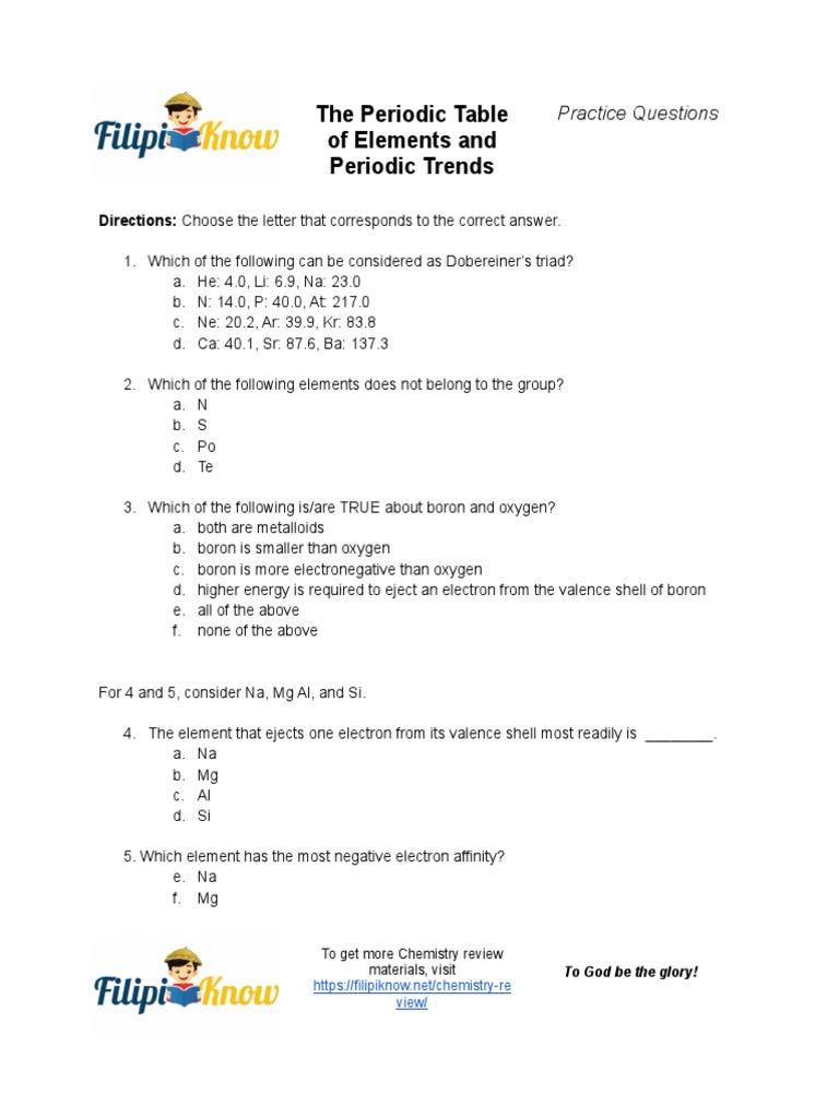 Periodic Table of Elements and Periodic Trends Practice Questions | PDF