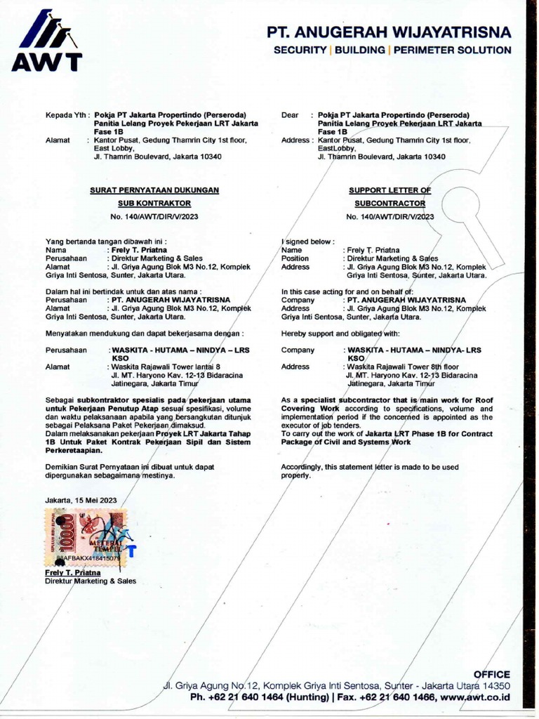 140 - Surat Dukungan Waskita - HK - Nindya - LRS KSO | PDF