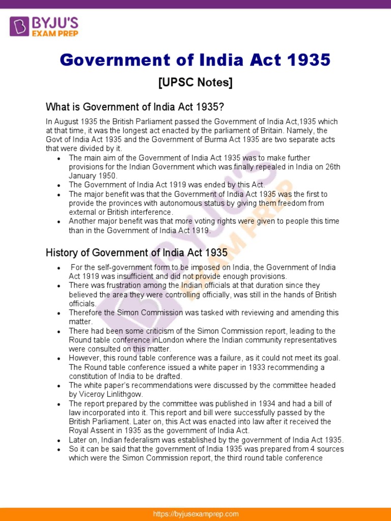 Government of India Act 1935 Upsc Notes 50 | PDF | Government Of India ...