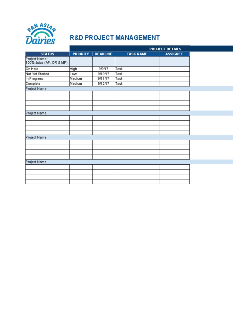 R&D Project Management: Project Details Status Priority Deadline Task ...