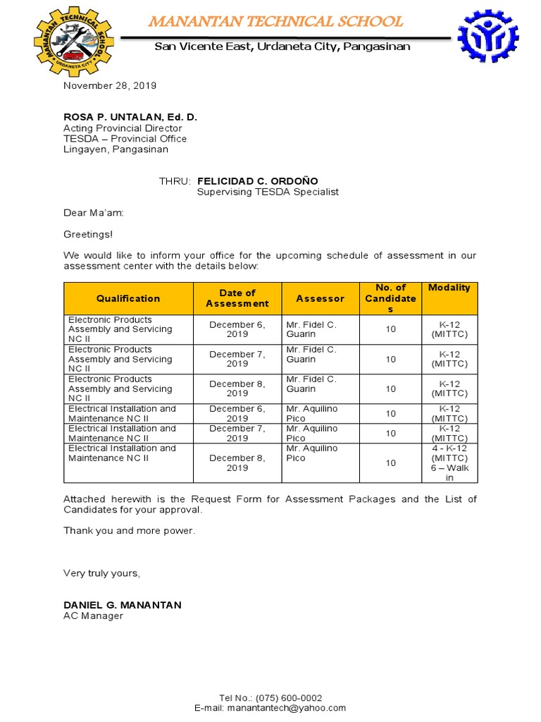 Letter To Notify Assessment Mittc | PDF | Vocational Education | Career And Technical Education