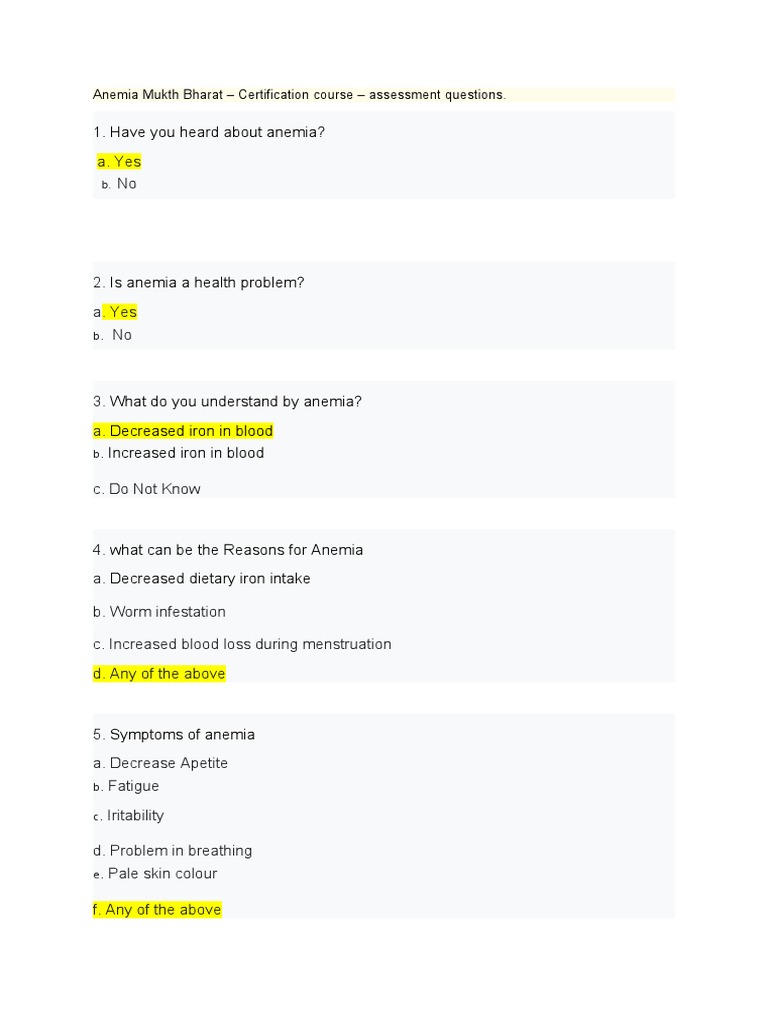 HSSC Anemia Questions | PDF | Anemia | Vitamin C