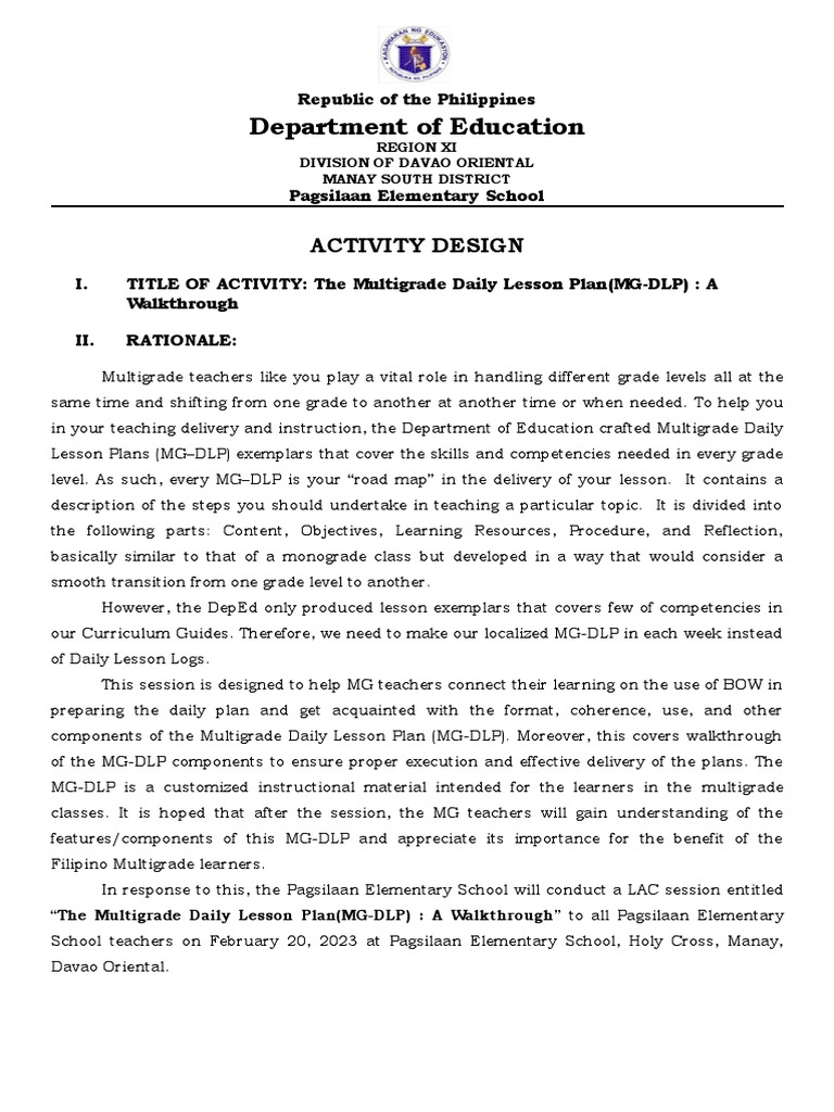 Slac 3 - Training Design-The MG-DLP | PDF | Lesson Plan | Communication