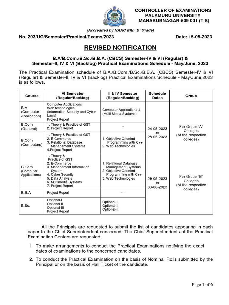 Revised UG Semester-IV, VI (Regular) & II, IV & VI (Backlog) Practical Examinations May - June ...