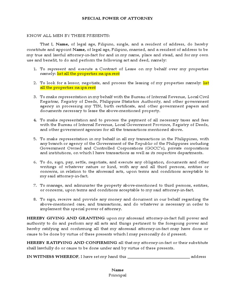 Sample SPA For Property | PDF | Power Of Attorney | Lease