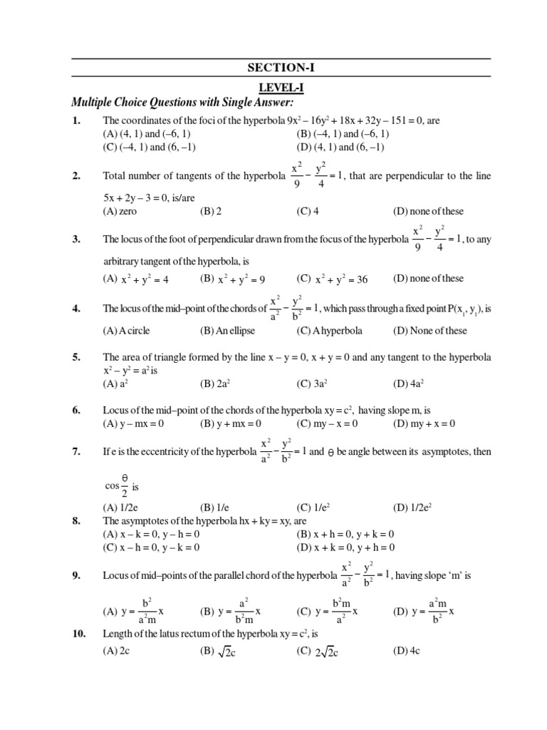 Hyperbola 03 Exercise Pdf Ellipse Perpendicular