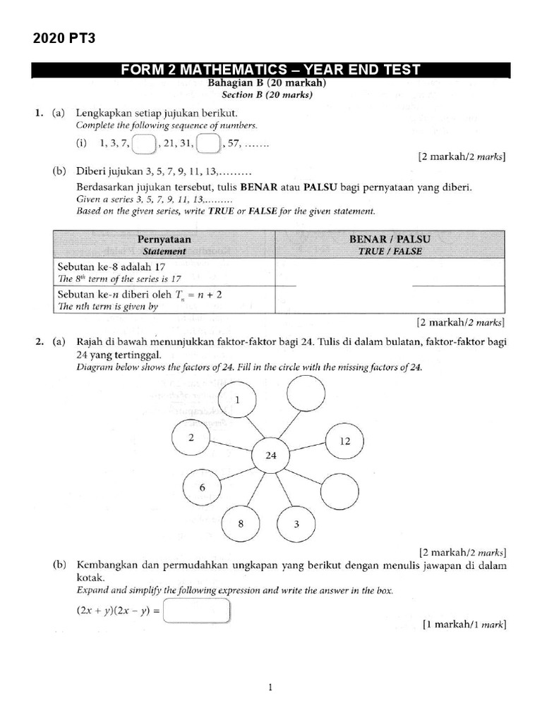 Form 2 Mathematics Year-End Test | PDF