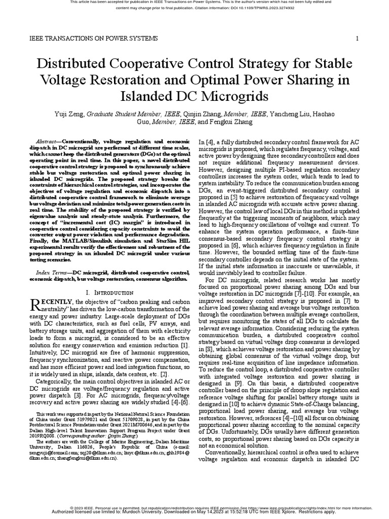 Distributed Cooperative Control Strategy For Stable Voltage Restoration and Optimal Power ...